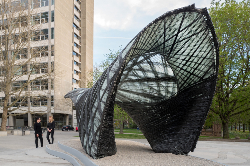 Larvae Silk-Inspired Pavilion Constructed by Robots and Drones